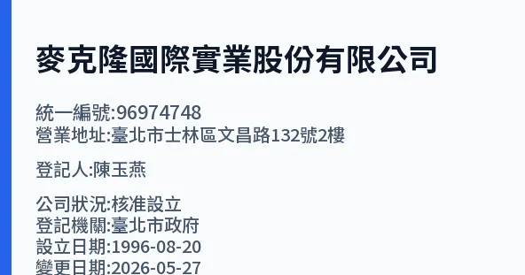 麥克隆國際實業股份有限公司的照片-統編 96974748(臺北市) 公司登記資料與營業項目詳細圖表