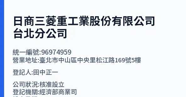 日商三菱重工業股份有限公司台北分公司的照片-統編 96974959(臺北市) 公司登記資料與營業項目詳細圖表