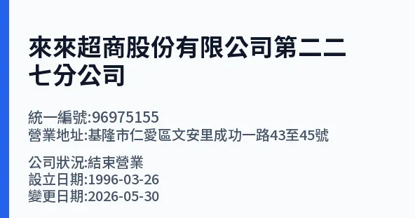來來超商股份有限公司第二二七分公司的照片-統編 96975155(基隆市) 公司登記資料與營業項目詳細圖表