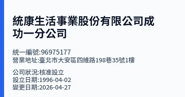 統康生活事業股份有限公司成功一分公司的照片-統編 96975177(臺北市) 公司登記資料與營業項目詳細圖表