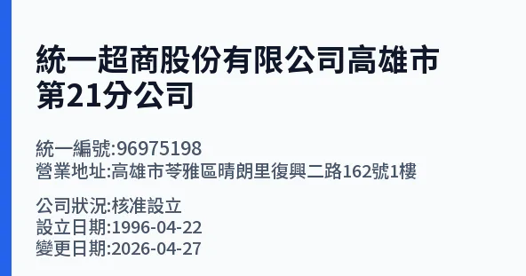 統一超商股份有限公司高雄市第21分公司的照片-統編 96975198(高雄市) 公司登記資料與營業項目詳細圖表