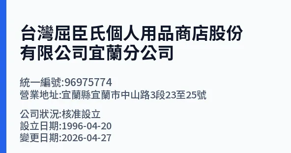 台灣屈臣氏個人用品商店股份有限公司宜蘭分公司的照片-統編 96975774(宜蘭縣) 公司登記資料與營業項目詳細圖表
