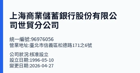 上海商業儲蓄銀行股份有限公司世貿分公司的照片-統編 96976056(臺北市) 公司登記資料與營業項目詳細圖表