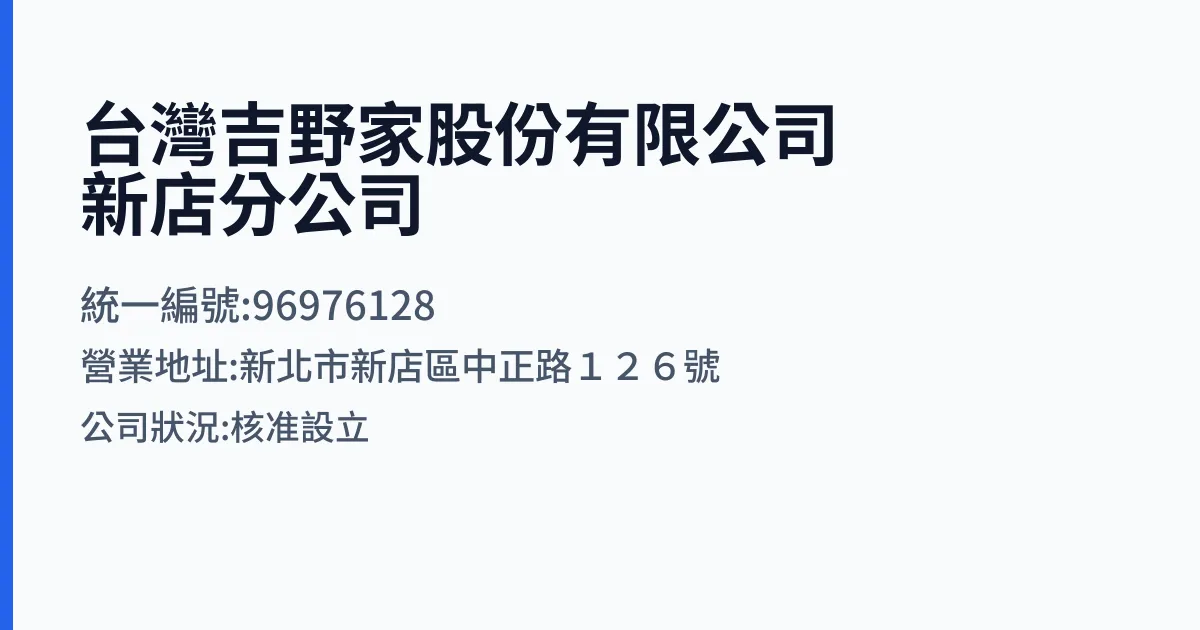 台灣吉野家股份有限公司新店分公司 - 統編 96976128(新北市) 公司登記資料與營業項目詳細圖表