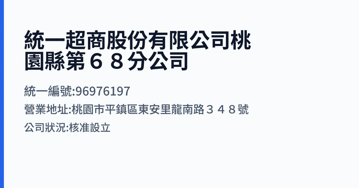 統一超商股份有限公司桃園縣第６８分公司 - 統編 96976197(桃園市) 公司登記資料與營業項目詳細圖表