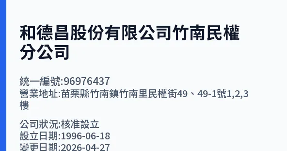 和德昌股份有限公司竹南民權分公司的照片-統編 96976437(苗栗縣) 公司登記資料與營業項目詳細圖表