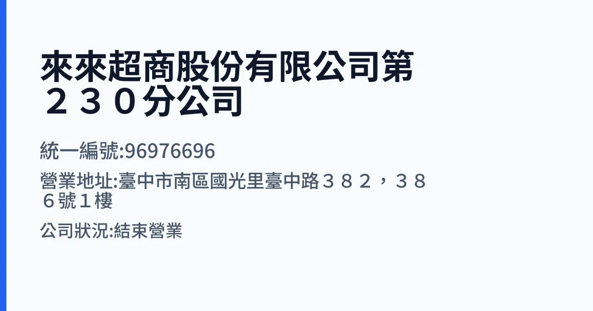 來來超商股份有限公司第２３０分公司 - 統編 96976696(臺中市) 公司登記資料與營業項目詳細圖表