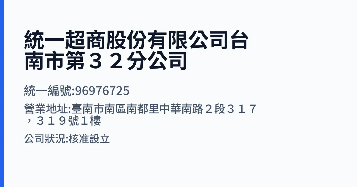 統一超商股份有限公司台南市第３２分公司 - 統編 96976725(臺南市) 公司登記資料與營業項目詳細圖表