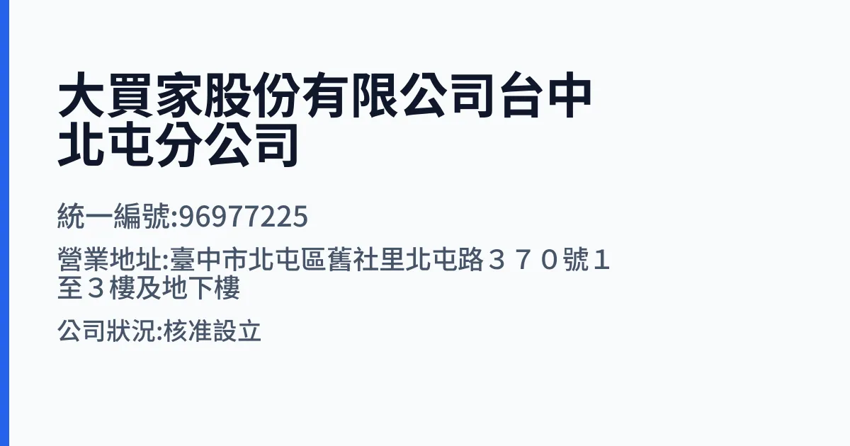 大買家股份有限公司台中北屯分公司 - 統編 96977225(臺中市) 公司登記資料與營業項目詳細圖表