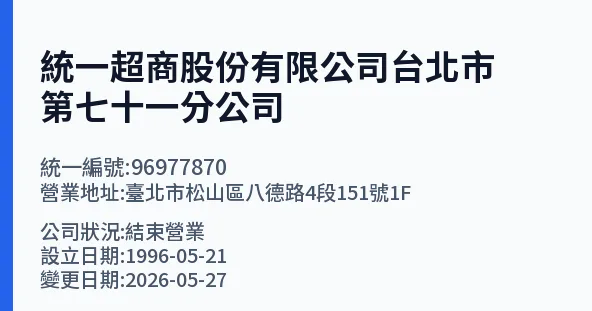 統一超商股份有限公司台北市第七十一分公司的照片-統編 96977870(臺北市) 公司登記資料與營業項目詳細圖表