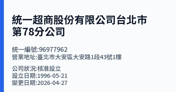 統一超商股份有限公司台北市第78分公司的照片-統編 96977962(臺北市) 公司登記資料與營業項目詳細圖表