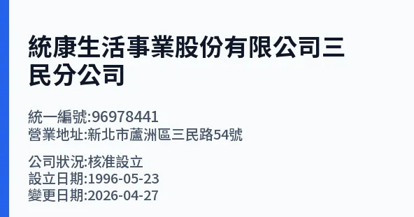 統康生活事業股份有限公司三民分公司的照片-統編 96978441(新北市) 公司登記資料與營業項目詳細圖表