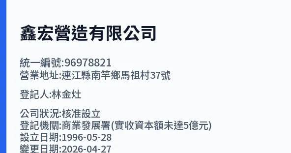 鑫宏營造有限公司的照片-統編 96978821(連江縣) 公司登記資料與營業項目詳細圖表
