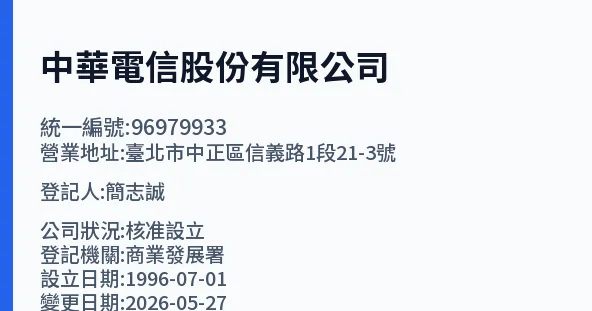 中華電信股份有限公司的照片-統編 96979933(臺北市) 公司登記資料與營業項目詳細圖表