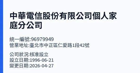 中華電信股份有限公司個人家庭分公司的照片-統編 96979949(臺北市) 公司登記資料與營業項目詳細圖表