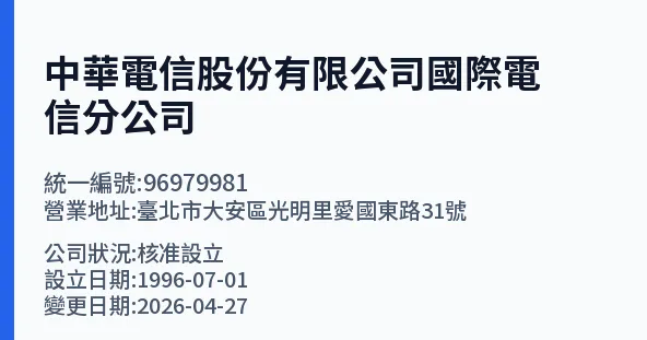 中華電信股份有限公司國際電信分公司的照片-統編 96979981(臺北市) 公司登記資料與營業項目詳細圖表