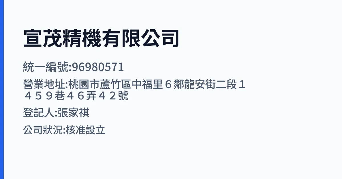 宣茂精機有限公司 - 統編 96980571(桃園市) 公司登記資料與營業項目詳細圖表