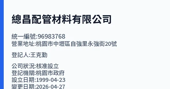 總昌配管材料有限公司的照片-統編 96983768(桃園市) 公司登記資料與營業項目詳細圖表