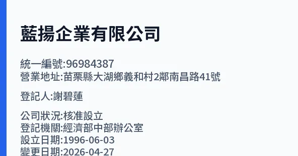 藍揚企業有限公司的照片-統編 96984387(苗栗縣) 公司登記資料與營業項目詳細圖表