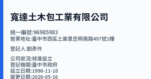 寬達土木包工業有限公司的照片-統編 96985983(臺中市) 公司登記資料與營業項目詳細圖表