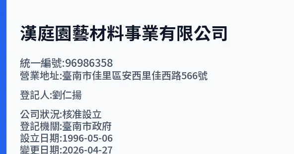 漢庭園藝材料事業有限公司的照片-統編 96986358(臺南市) 公司登記資料與營業項目詳細圖表