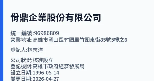 佾鼎企業股份有限公司的照片-統編 96986809(高雄市) 公司登記資料與營業項目詳細圖表