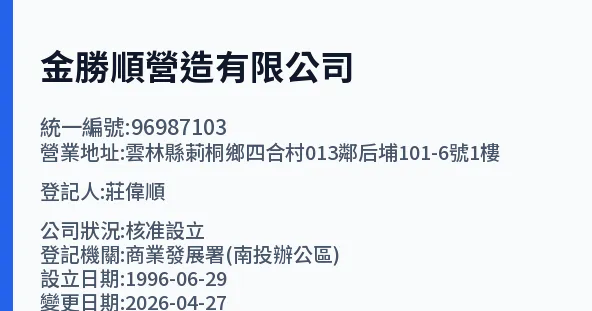 金勝順營造有限公司的照片-統編 96987103(雲林縣) 公司登記資料與營業項目詳細圖表