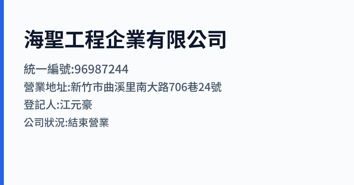 海聖工程企業有限公司 - 統編 96987244(新竹市) 公司登記資料與營業項目詳細圖表