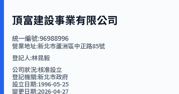 頂富建設事業有限公司的照片-統編 96988996(新北市) 公司登記資料與營業項目詳細圖表