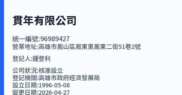 貫年有限公司的照片-統編 96989427(高雄市) 公司登記資料與營業項目詳細圖表