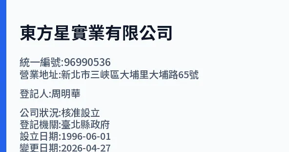東方星實業有限公司的照片-統編 96990536(新北市) 公司登記資料與營業項目詳細圖表