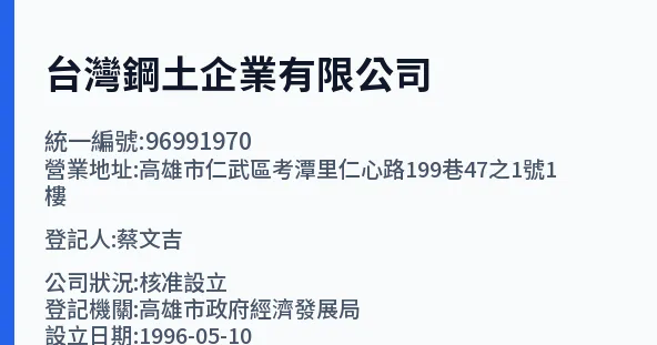 台灣鋼土企業有限公司的照片-統編 96991970(高雄市) 公司登記資料與營業項目詳細圖表