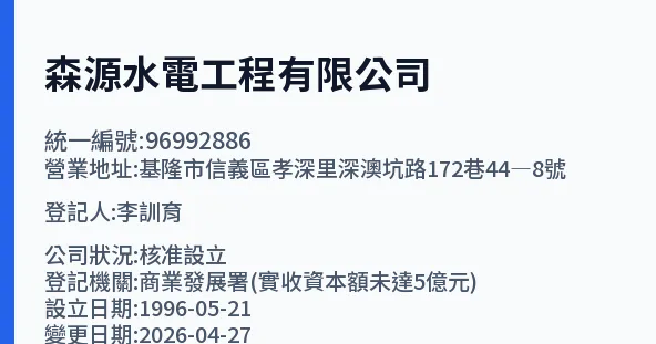 森源水電工程有限公司的照片-統編 96992886(基隆市) 公司登記資料與營業項目詳細圖表
