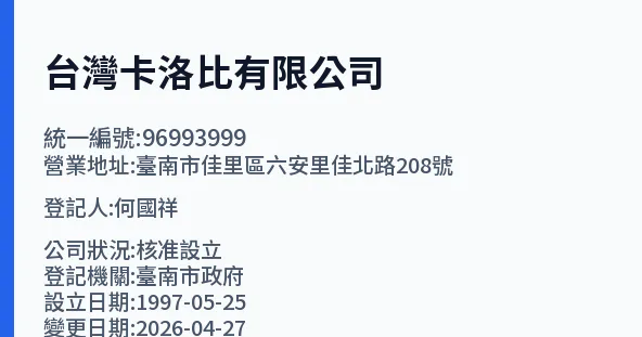 台灣卡洛比有限公司的照片-統編 96993999(臺南市) 公司登記資料與營業項目詳細圖表