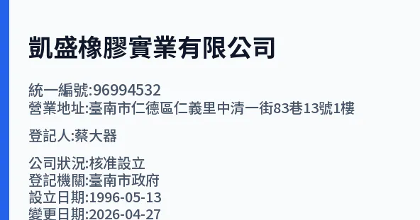 凱盛橡膠實業有限公司的照片-統編 96994532(臺南市) 公司登記資料與營業項目詳細圖表