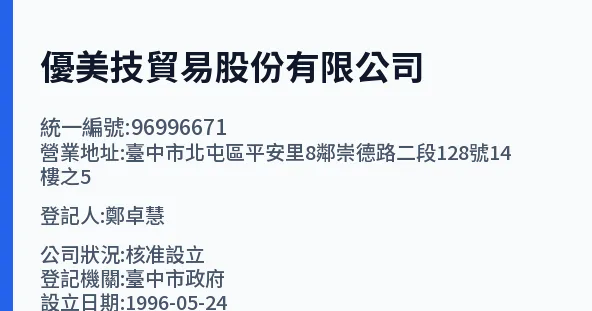 優美技貿易股份有限公司的照片-統編 96996671(臺中市) 公司登記資料與營業項目詳細圖表