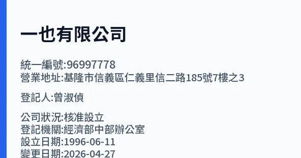一也有限公司的照片-統編 96997778(基隆市) 公司登記資料與營業項目詳細圖表