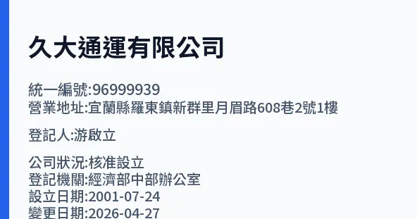 久大通運有限公司的照片-統編 96999939(宜蘭縣) 公司登記資料與營業項目詳細圖表
