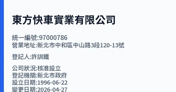 東方快車實業有限公司的照片-統編 97000786(新北市) 公司登記資料與營業項目詳細圖表