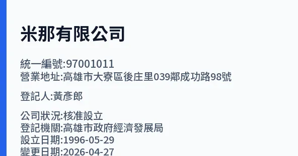 米那有限公司的照片-統編 97001011(高雄市) 公司登記資料與營業項目詳細圖表