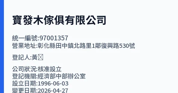 寶發木傢俱有限公司的照片-統編 97001357(彰化縣) 公司登記資料與營業項目詳細圖表