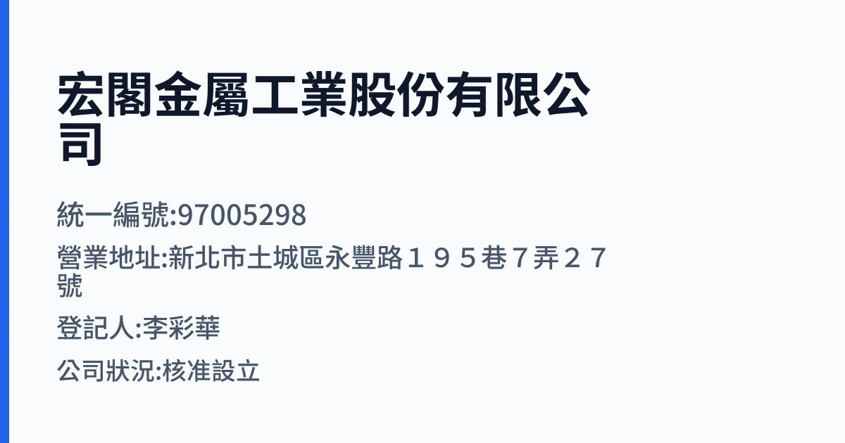 宏閣金屬工業股份有限公司 - 統編 97005298(新北市) 公司登記資料與營業項目詳細圖表