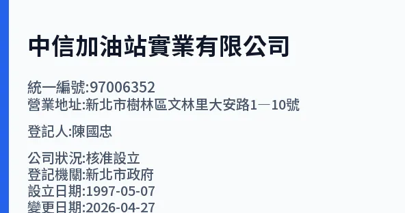 中信加油站實業有限公司的照片-統編 97006352(新北市) 公司登記資料與營業項目詳細圖表