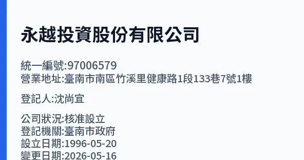 永越投資股份有限公司的照片-統編 97006579(臺南市) 公司登記資料與營業項目詳細圖表