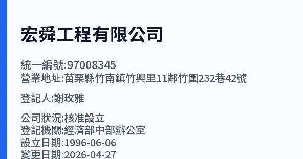宏舜工程有限公司的照片-統編 97008345(苗栗縣) 公司登記資料與營業項目詳細圖表