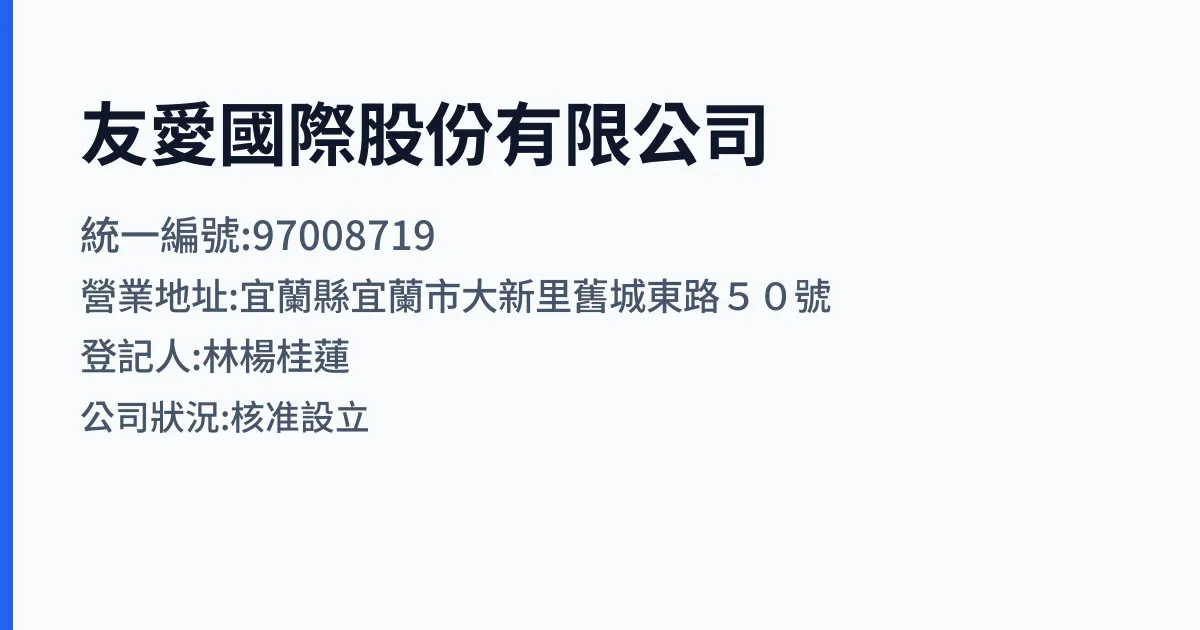 友愛國際股份有限公司 - 統編 97008719(宜蘭縣) 公司登記資料與營業項目詳細圖表