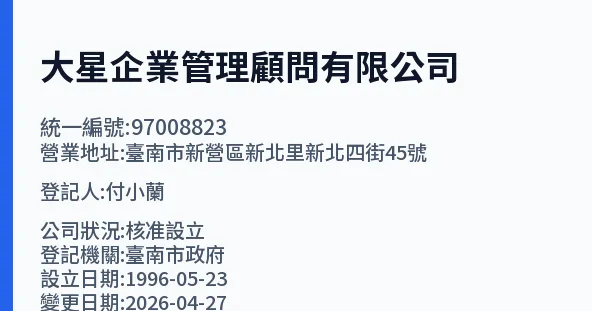 大星企業管理顧問有限公司的照片-統編 97008823(臺南市) 公司登記資料與營業項目詳細圖表