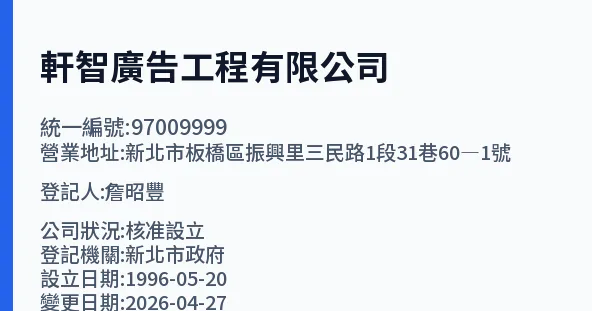 軒智廣告工程有限公司的照片-統編 97009999(新北市) 公司登記資料與營業項目詳細圖表