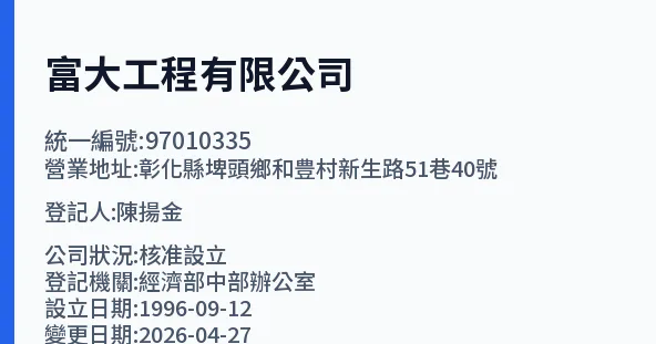 富大工程有限公司的照片-統編 97010335(彰化縣) 公司登記資料與營業項目詳細圖表