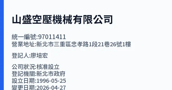 山盛空壓機械有限公司的照片-統編 97011411(新北市) 公司登記資料與營業項目詳細圖表
